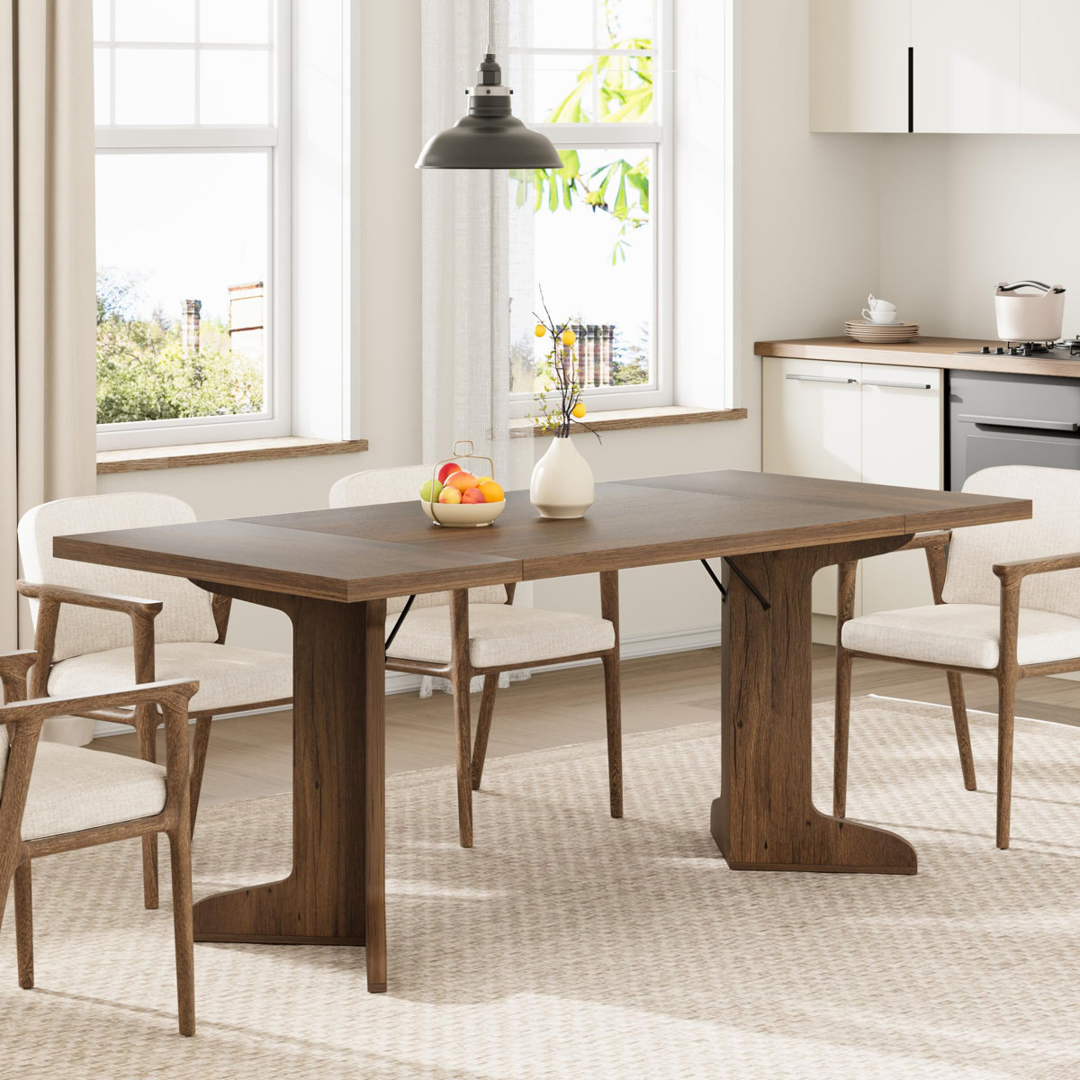 Yuan Home 71" Large Dining Table For 6 To 8 People, Modern Dinner Table With Unique Wooden Legs ...